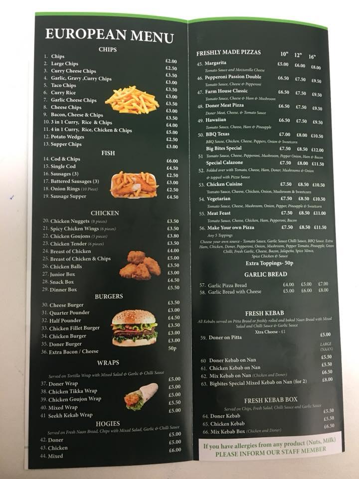 Menu at Big Bites fast food, Rathfriland