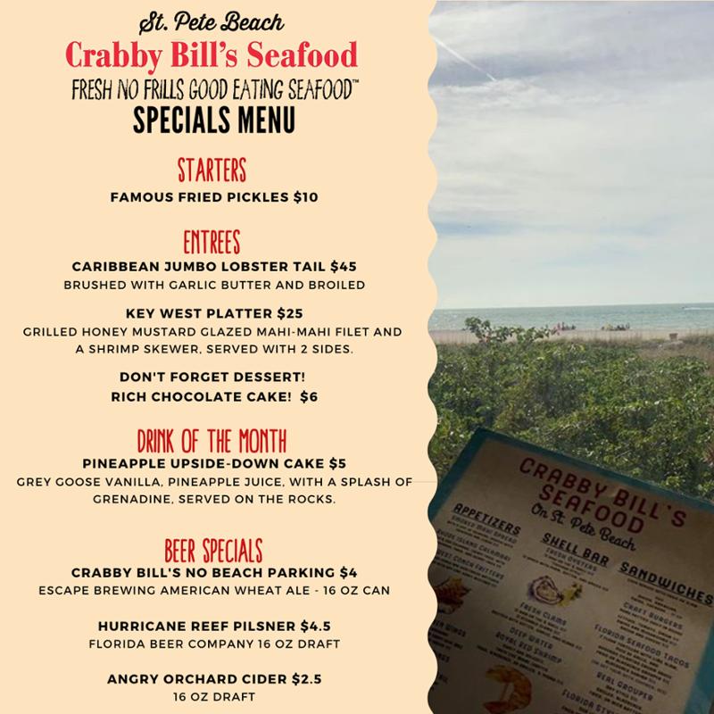 Menu at Crabby Bill's in St. Pete Beach restaurant, Saint Pete Beach ...