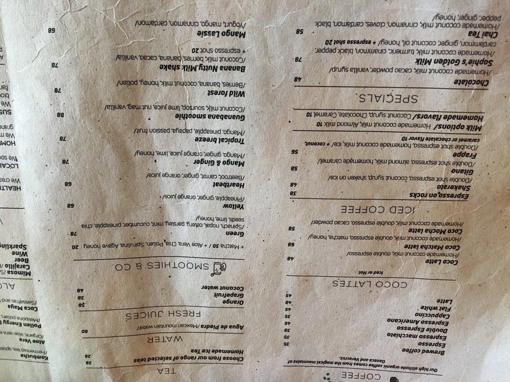 Menu at DelCielo cafe, Tulum, Satélite Sur 5