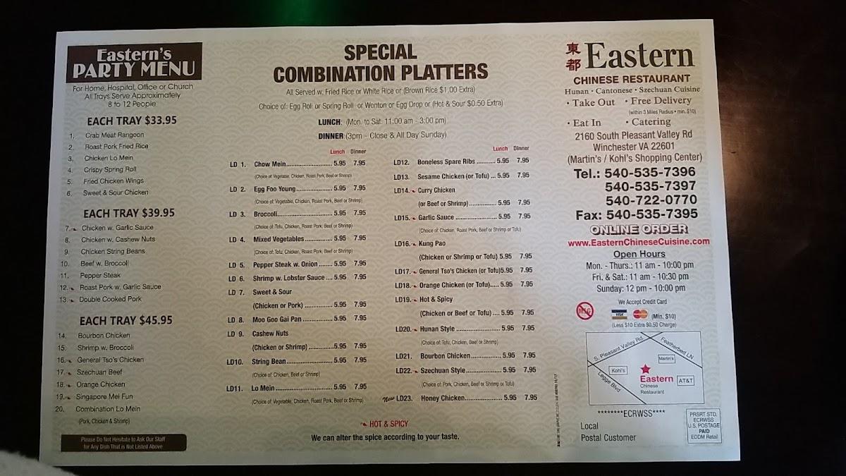 Menu at Eastern Chinese Restaurant, Winchester