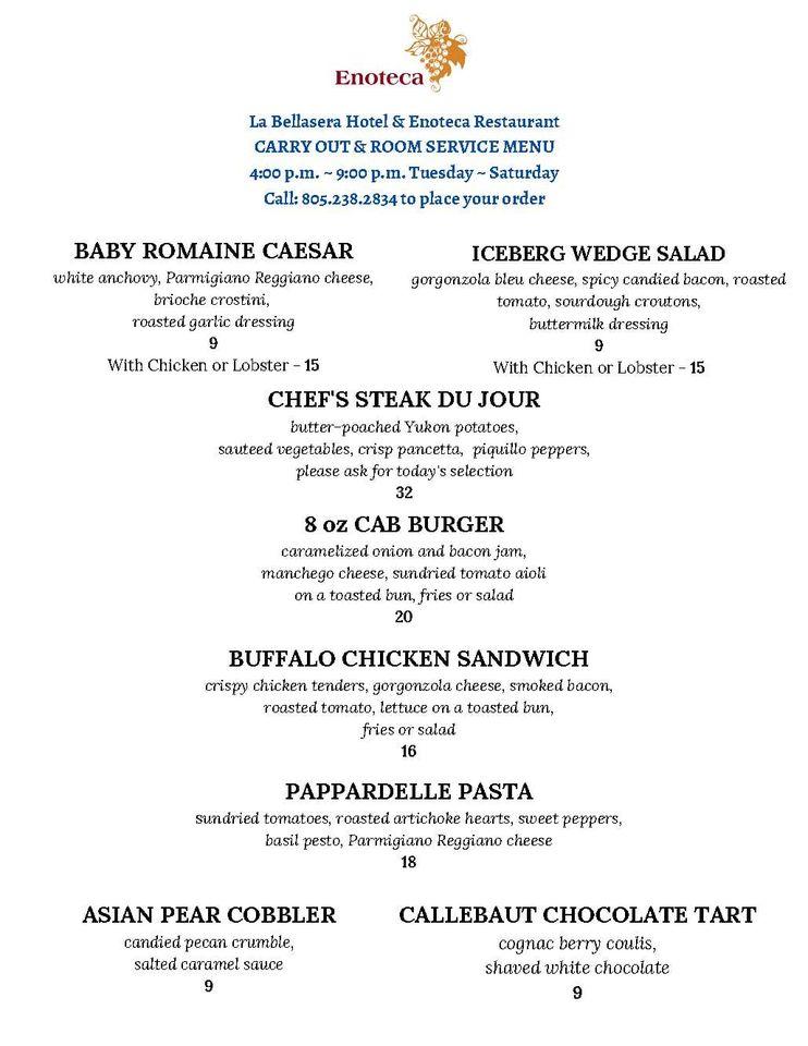 Menu at Enoteca Restaurant & Lounge, Paso Robles