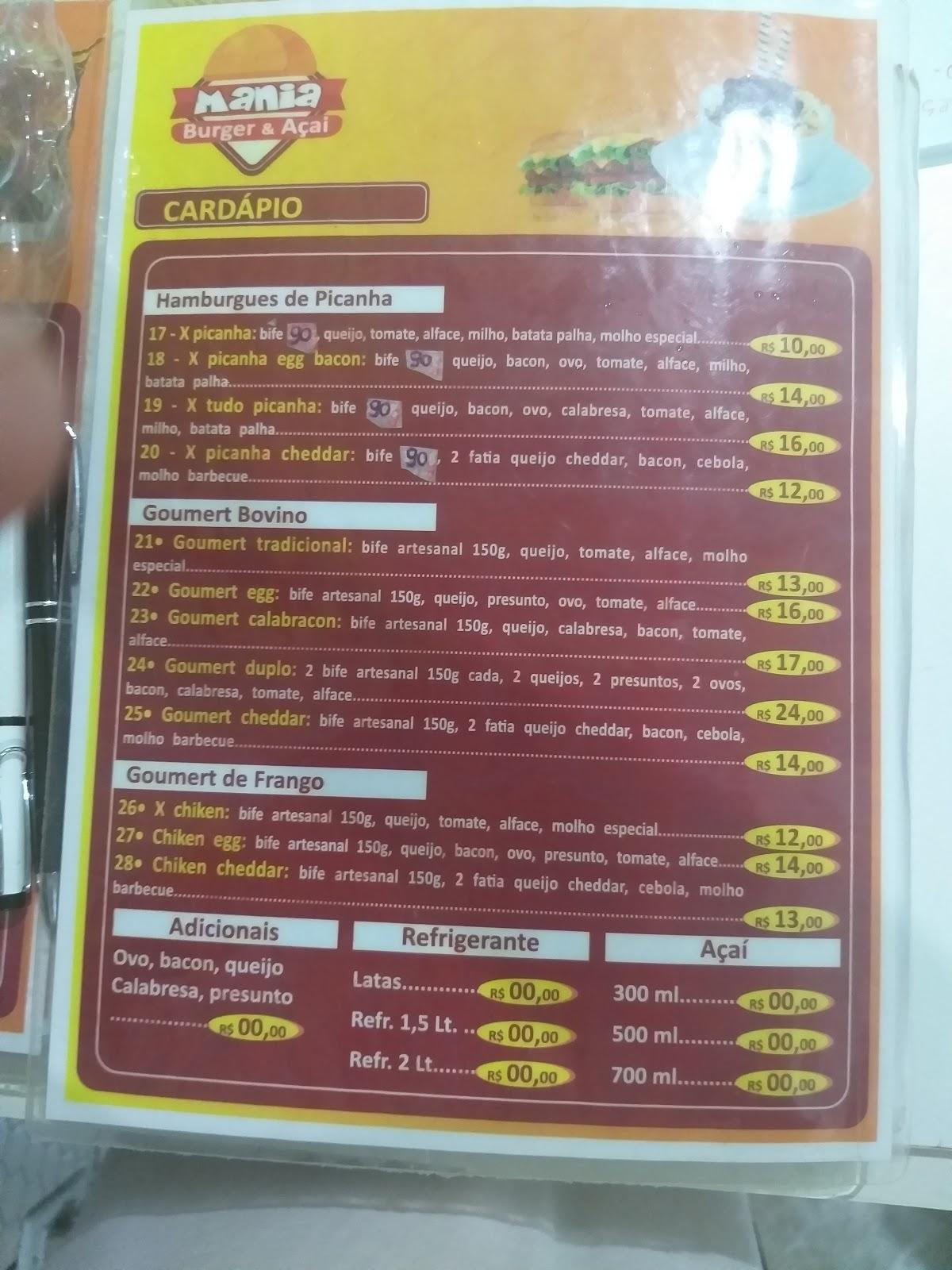 Menu at Mania Burger & Acai pub & bar, Viana