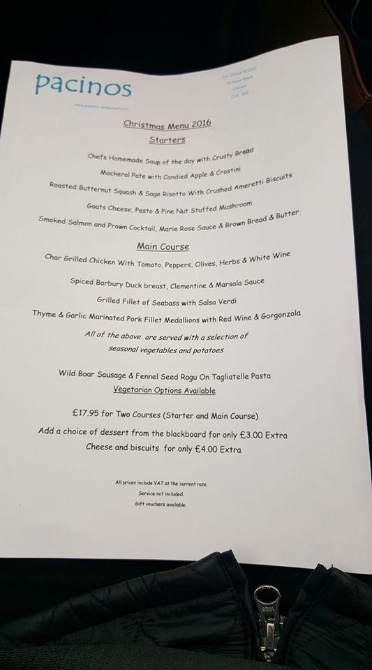 Menu at Pacinos restaurant, Chester