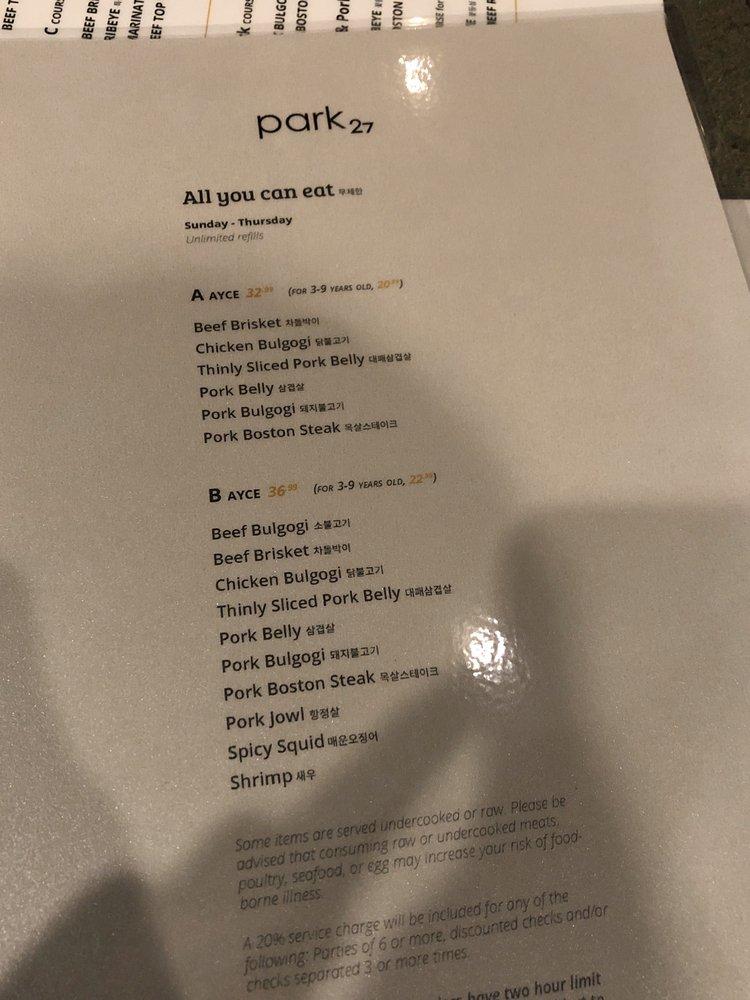 Menu at Park 27 Korean BBQ and Bar, Atlanta