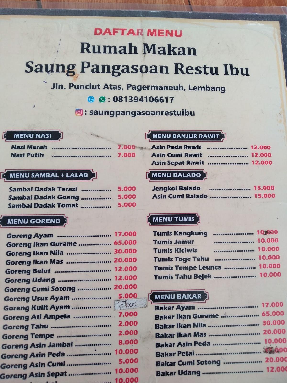 Menu at RM. Saung Pangasoan Restu Ibu restaurant, Bandung