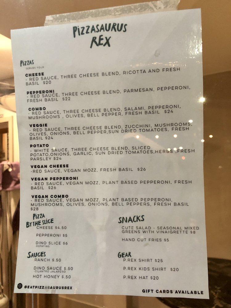 Menu at Pizzasaurus Rex pizzeria, Sacramento