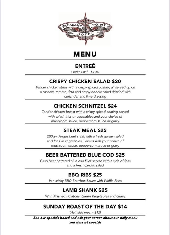 Menu at Pleasant Point Hotel pub & bar, Pleasant Point