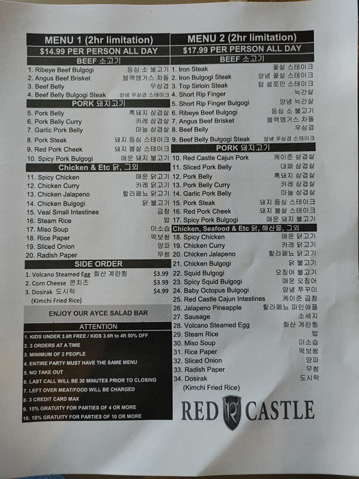 Menu at Red Castle Korean BBQ, Garden Grove