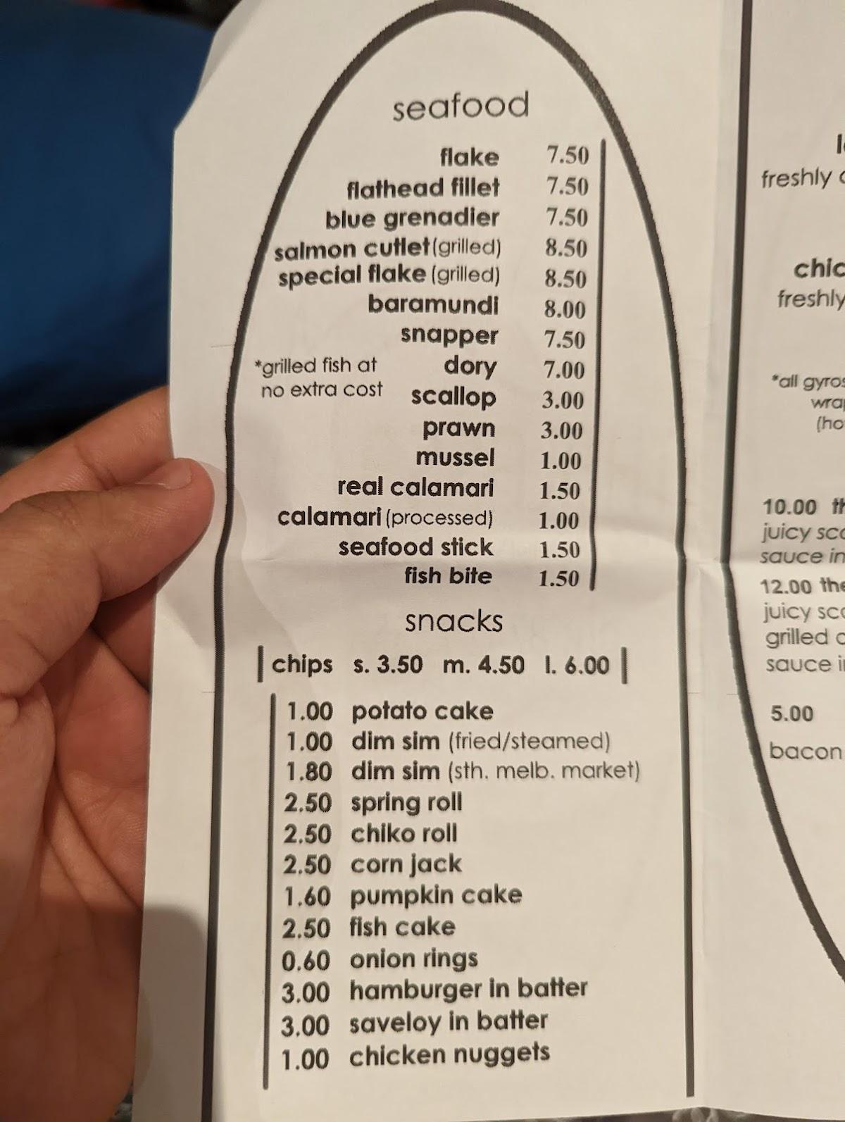 Menu at Thalassa Fish and Chippers restaurant, Hoppers Crossing