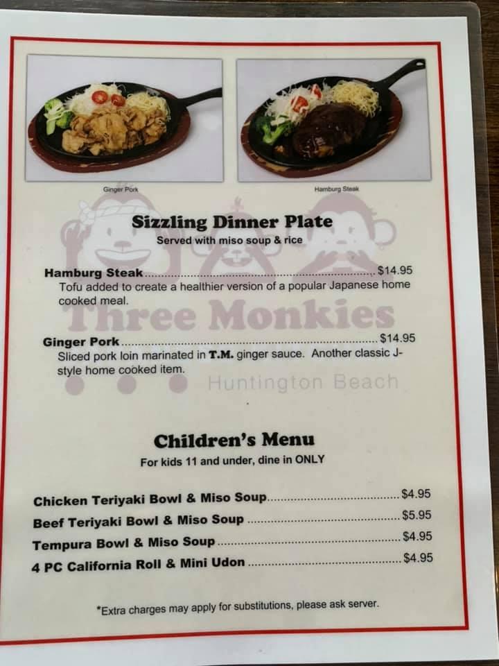 Menu at Three Monkeys restaurant, Huntington Beach
