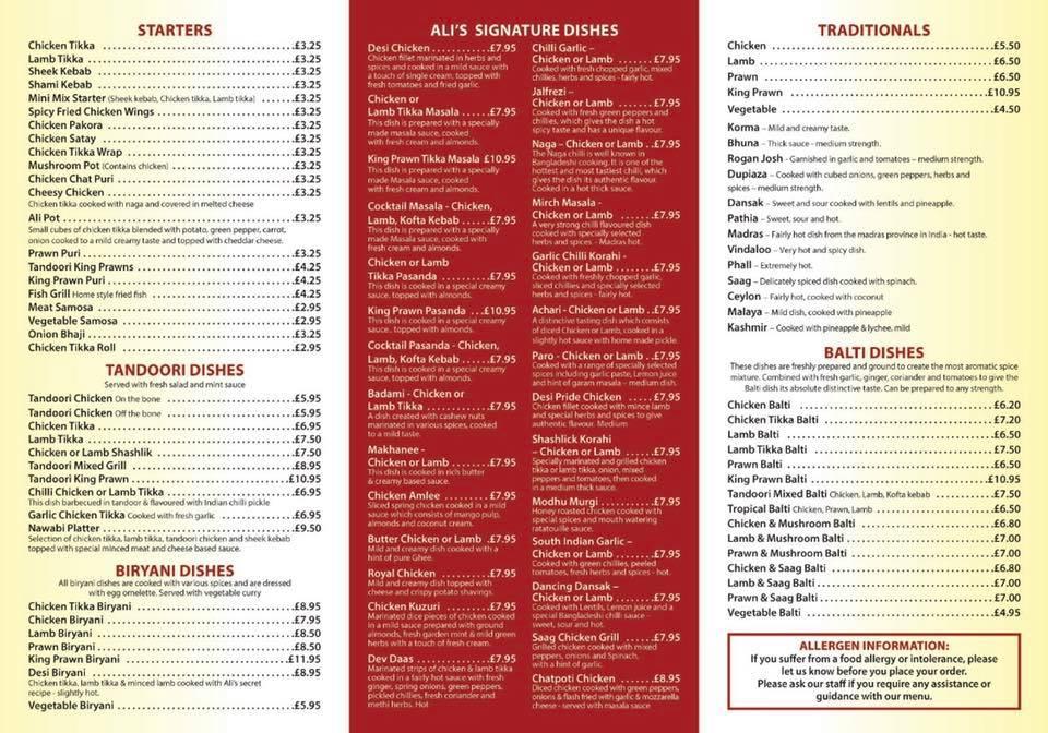 Menu at Ali's Indian Restaurant, Grimsby