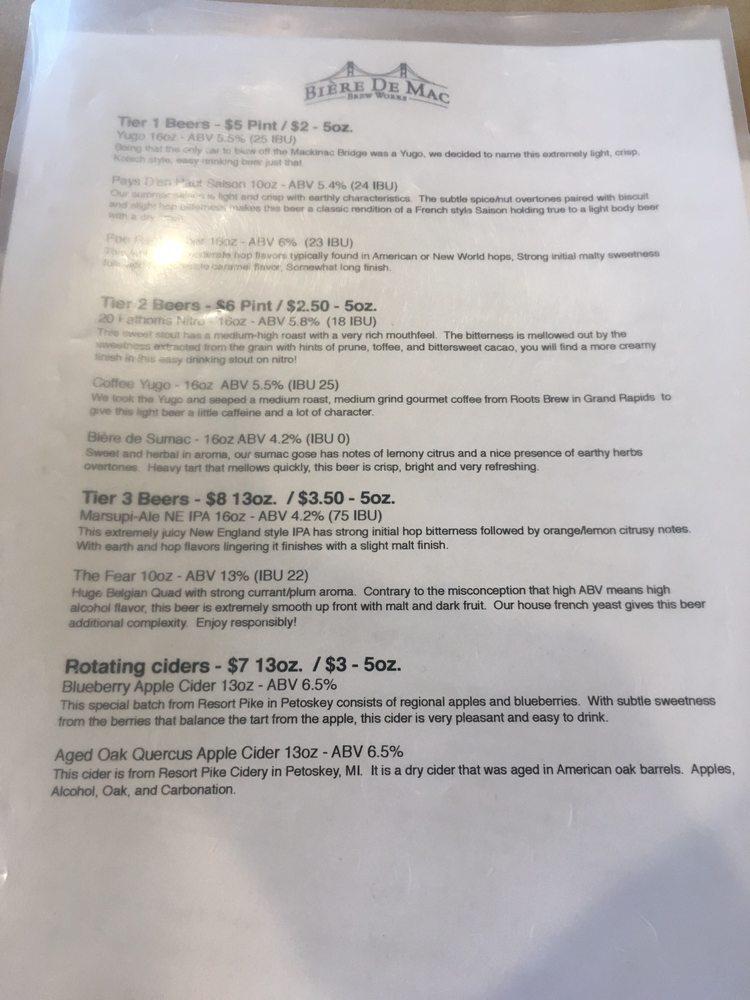 Menu at Bière de Mac Brew Works pub & bar, Mackinaw City