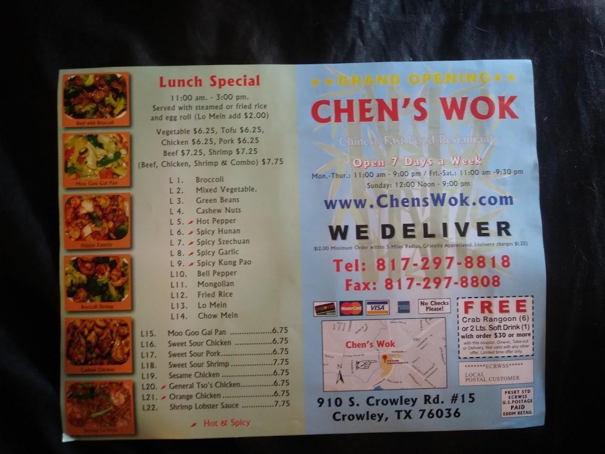Menu at Chen's Wok restaurant, Crowley, 910 S Crowley Rd #15
