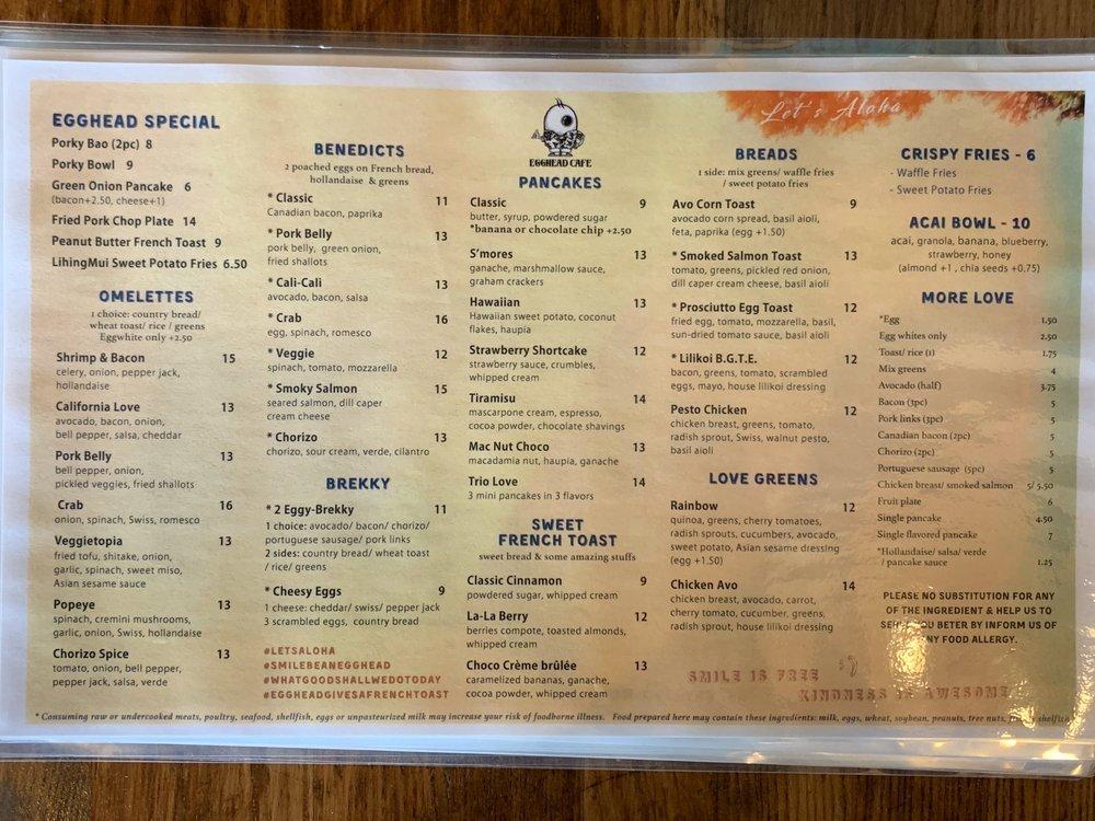 Menu at Egghead Cafe, Honolulu, Dillingham Blvd #8