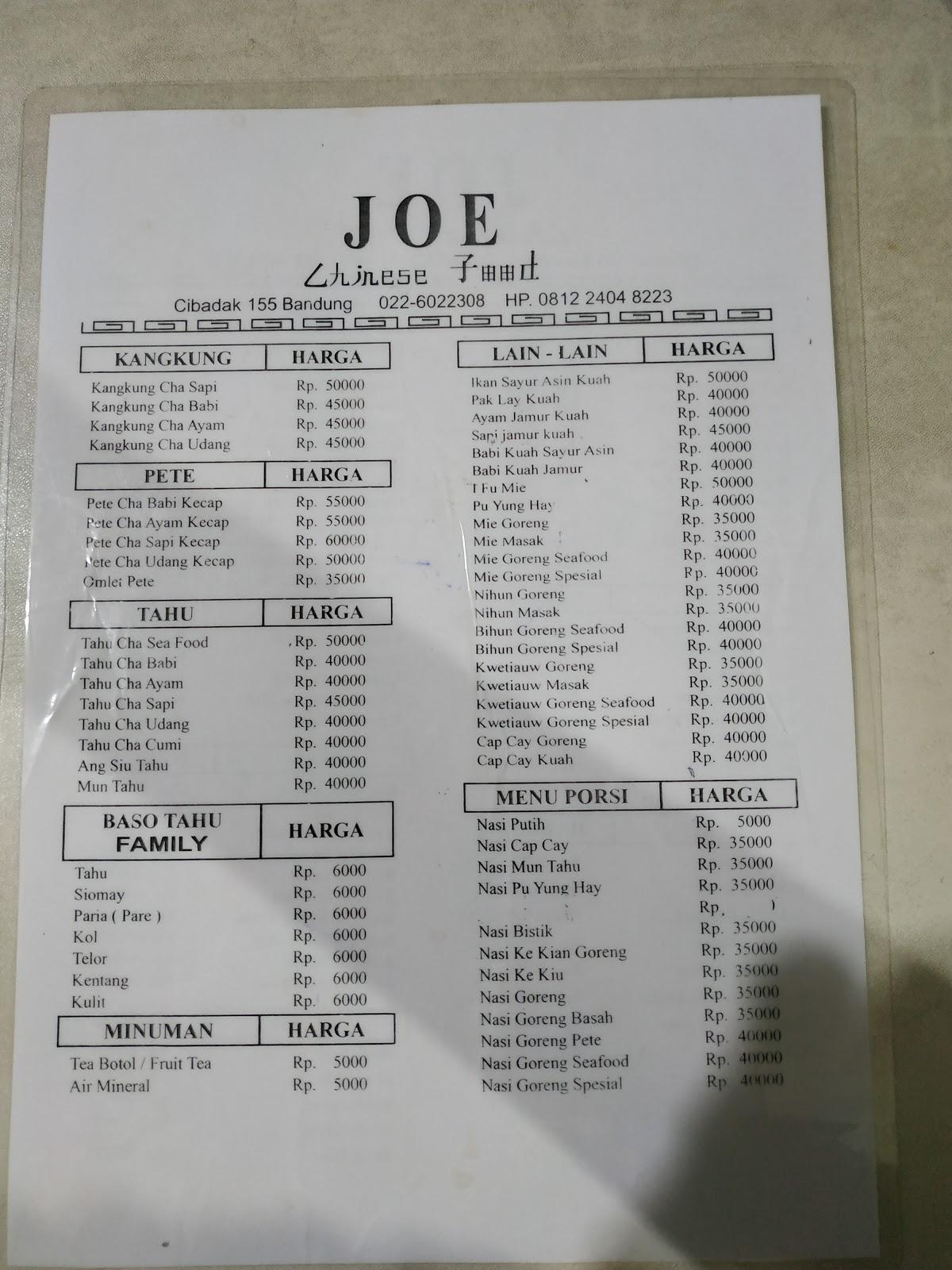 Menu at Joe Chinese Food restaurant, Bandung