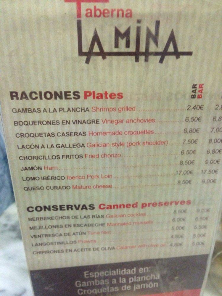 Menu at La Mina pub & bar, Madrid, Calle Ave Maria 28