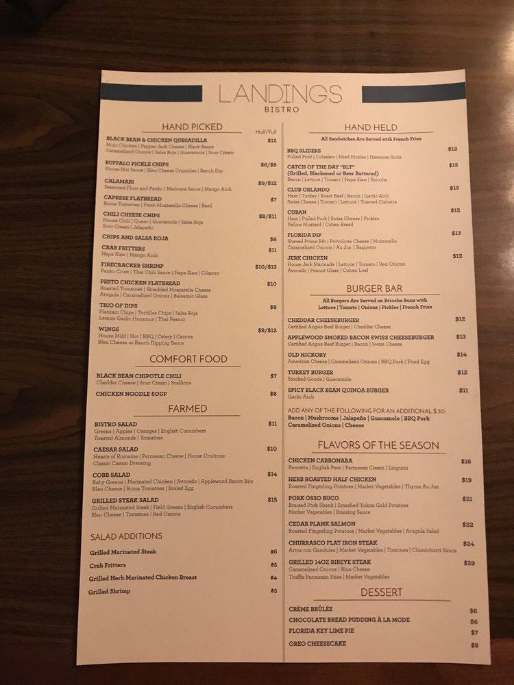 Menu at Landings Bistro pub & bar, Orlando