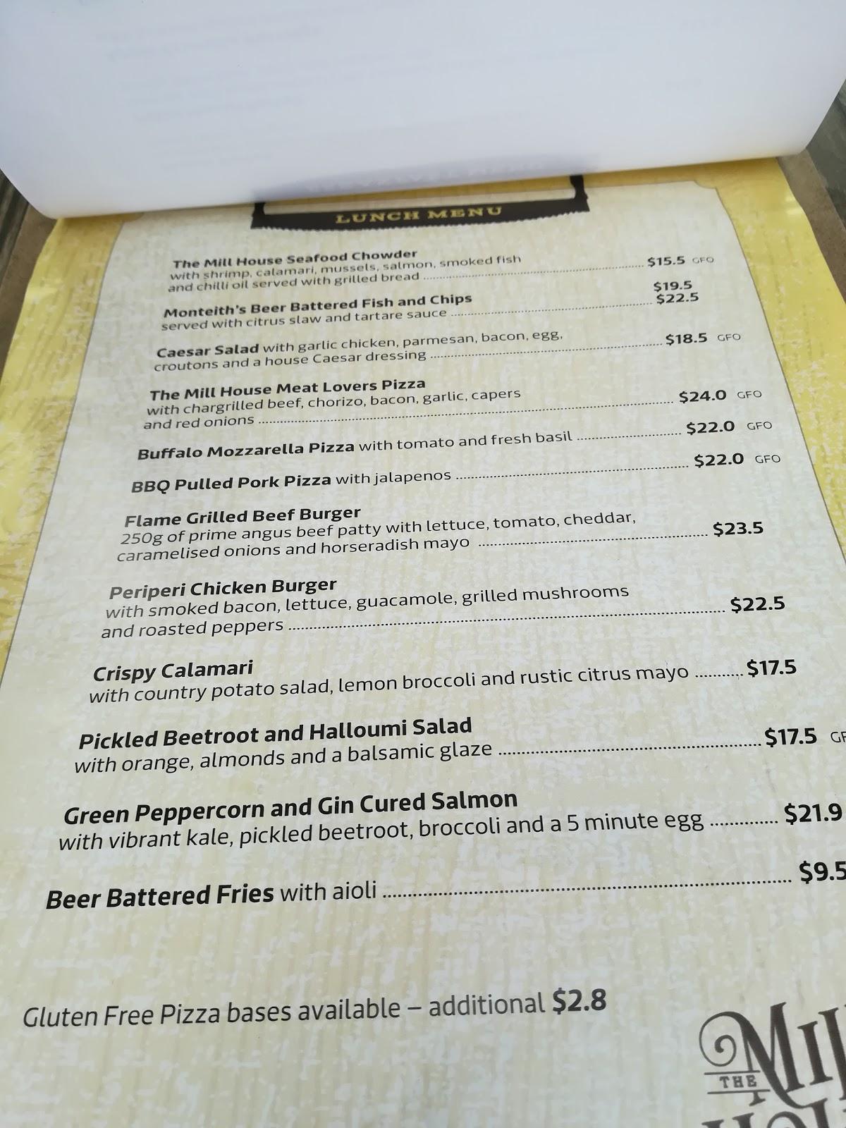 Menu at The Mill House restaurant, Tauranga