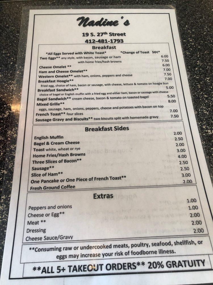 Menu at Nadine's Restaurant, Pittsburgh