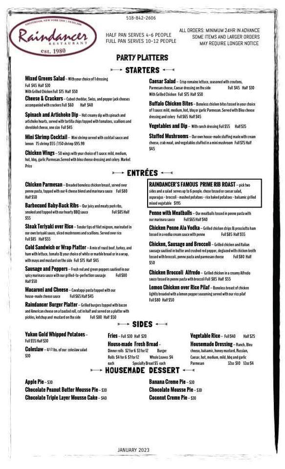 Menu at Raindancer Restaurant, Amsterdam, State Highway 30