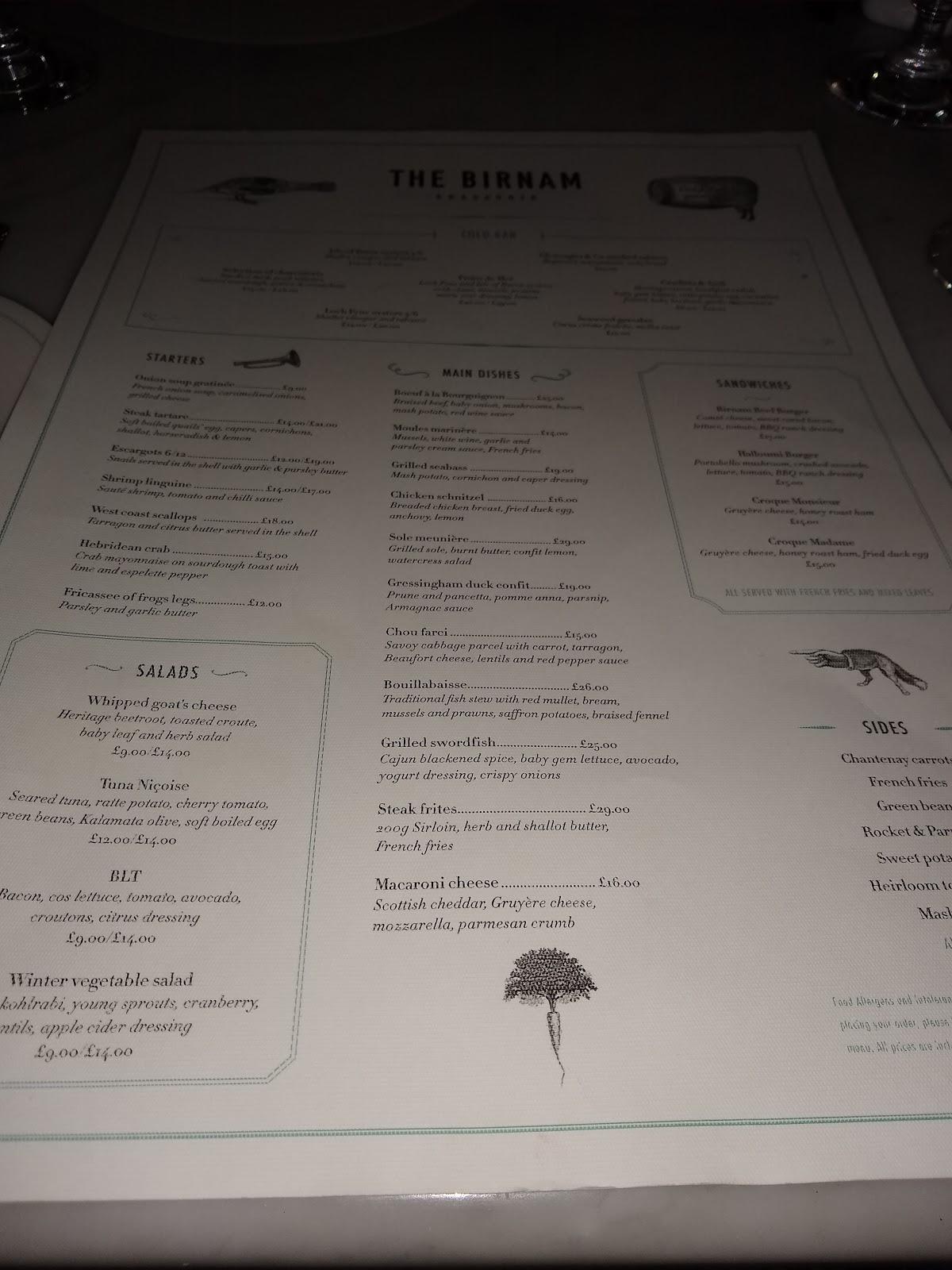 Menu at The Birnam restaurant, Auchterarder