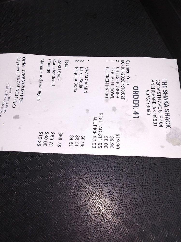 Menu at The Shaka Shack restaurant, Anchorage