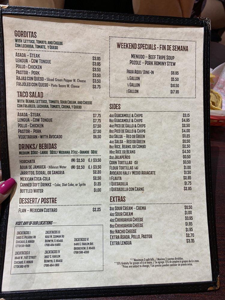 Menu at Zacatacos restaurant, Berwyn, Cermak Rd