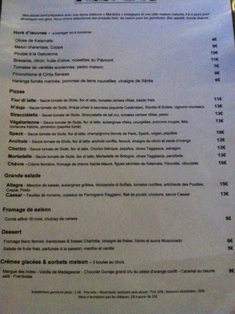 Menu at Allegra pub & bar, Paris, 70 Rue du Faubourg Saint-Martin