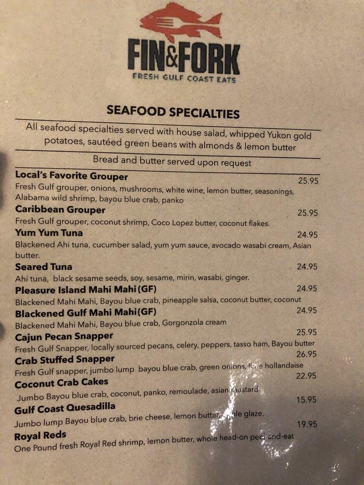 Menu at Fin & Fork restaurant, Pensacola