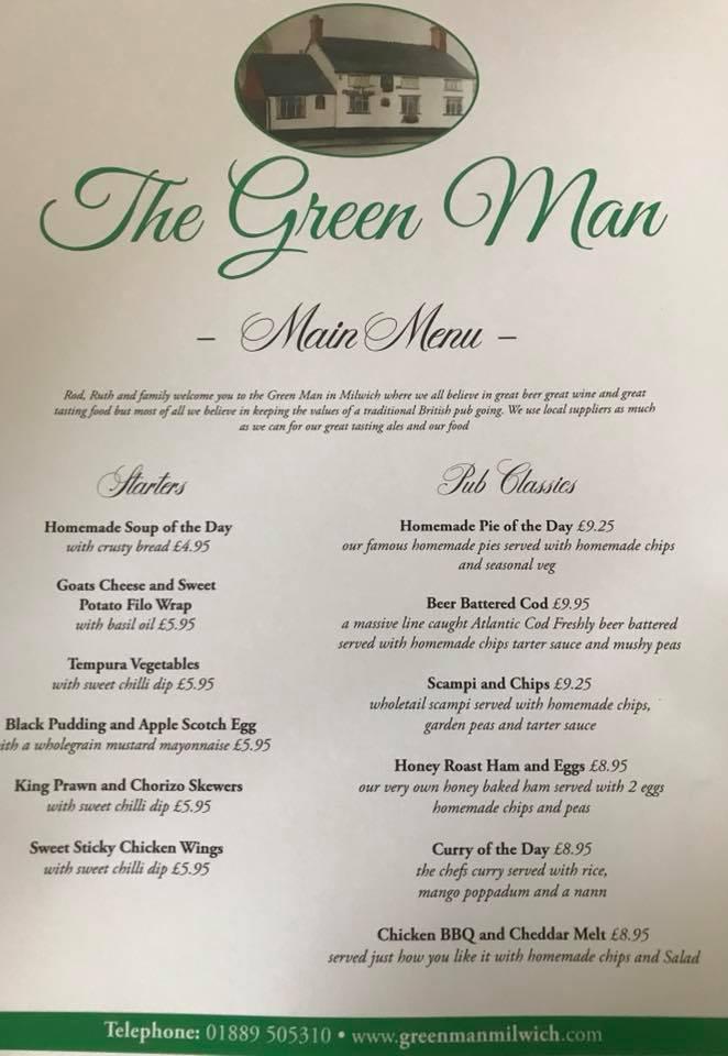 Menu at The Green Man pub & bar, Milwich