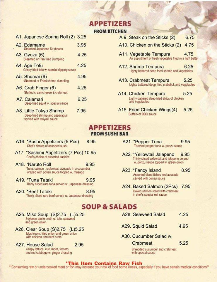 Menu at Little Tokyo restaurant, Natchez, 25 Sergeant Prentiss Dr