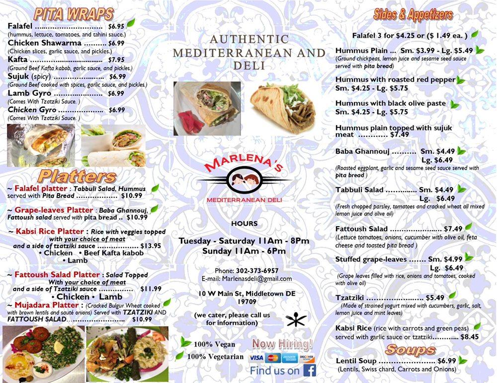 Menu at Marlena's Mediterranean restaurant, Middletown