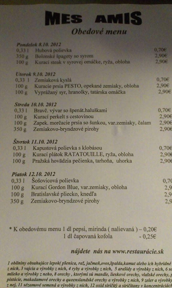Menu at Mes Amis restaurant, Prešov