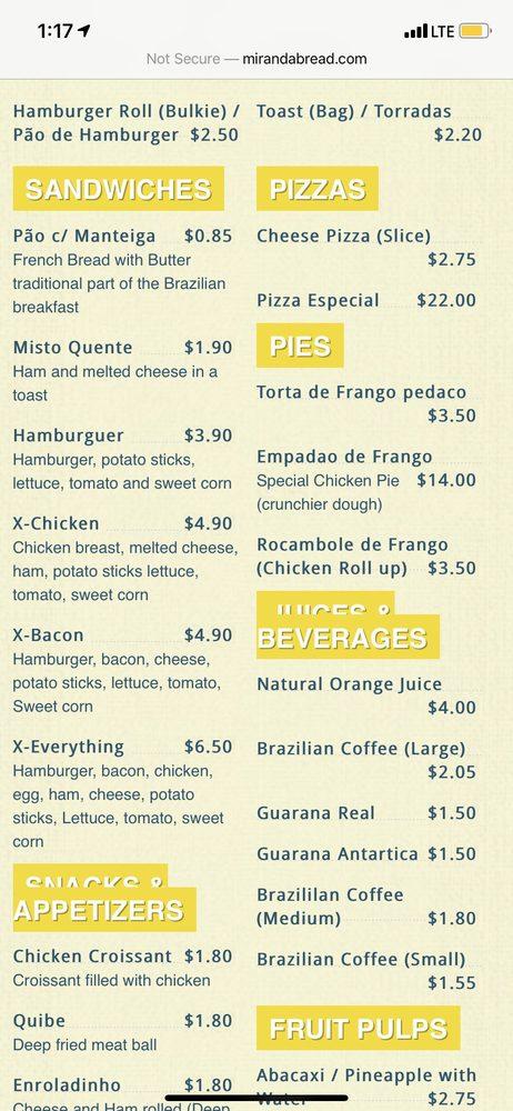 Menu at Miranda Bread restaurant, Stoughton