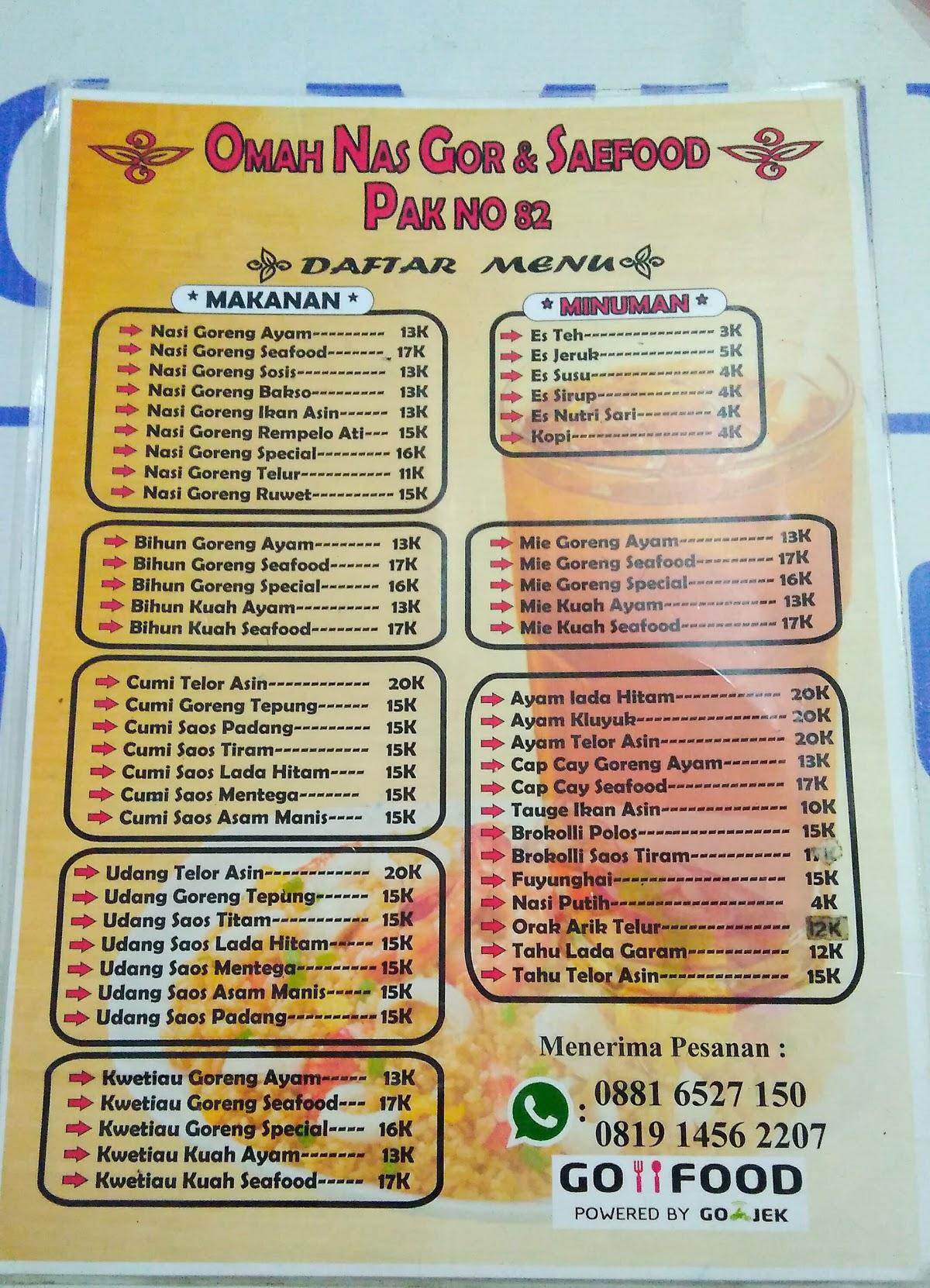 Menu at Omah Nasgor & Seafood "Pak No" restaurant, Semarang