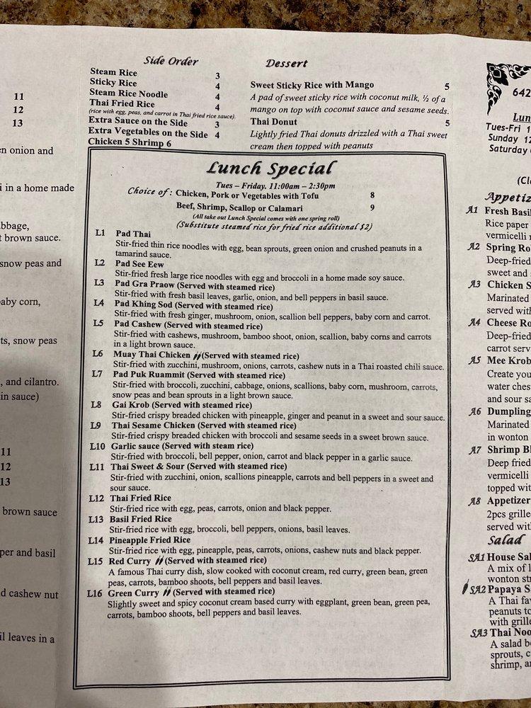 Menu at Prime Thai restaurant, Elkin