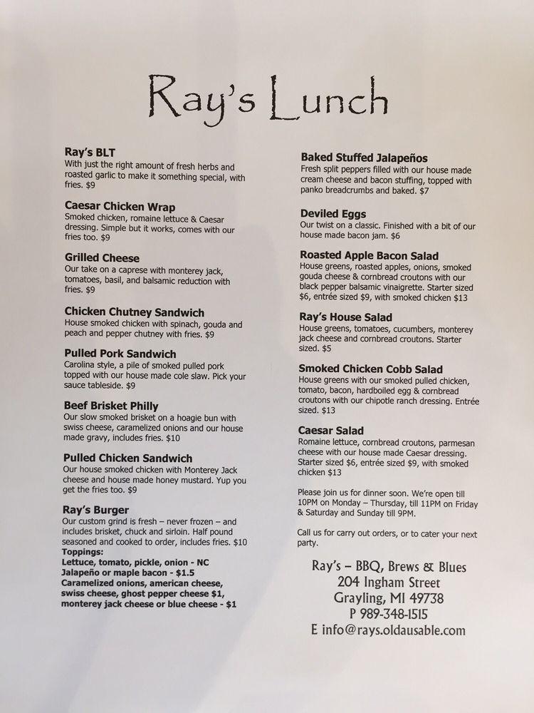 Menu at Ray's - BBQ, Brews & Blues, Grayling