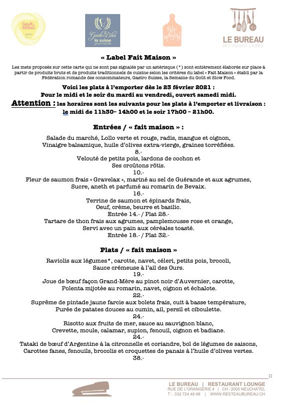Menu au Restaurant Le Bureau, Neuchâtel, Rue de l'Orangerie 4