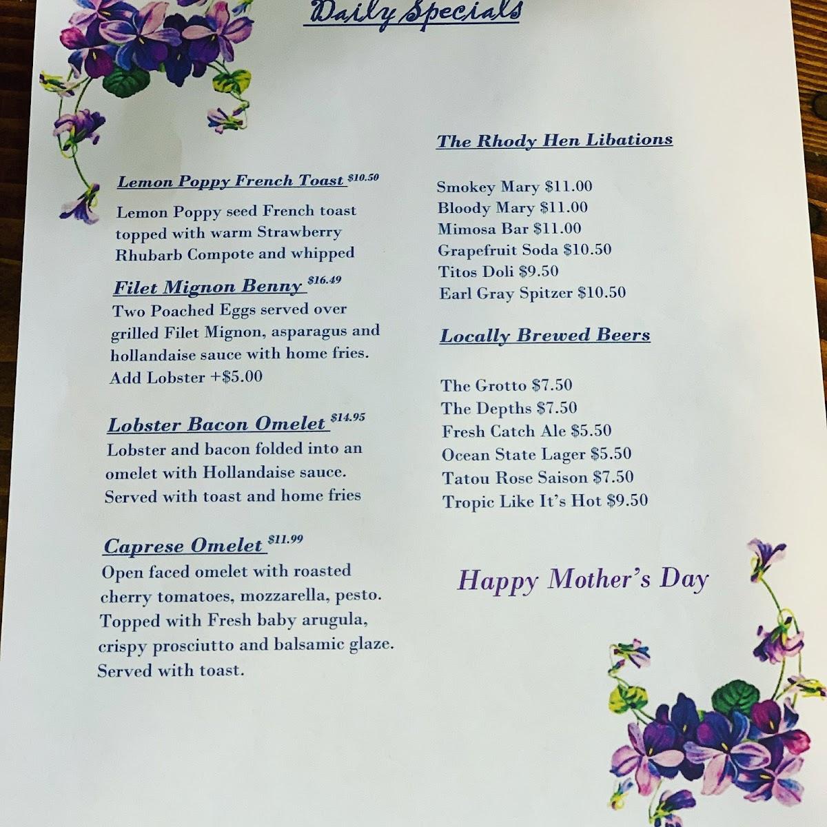 Menu at Rhody Hen Cafe, Pawtucket