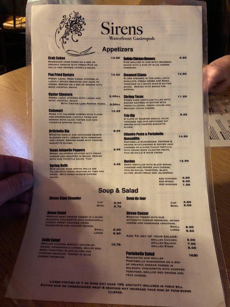 Menu at Sirens Pub, Port Townsend