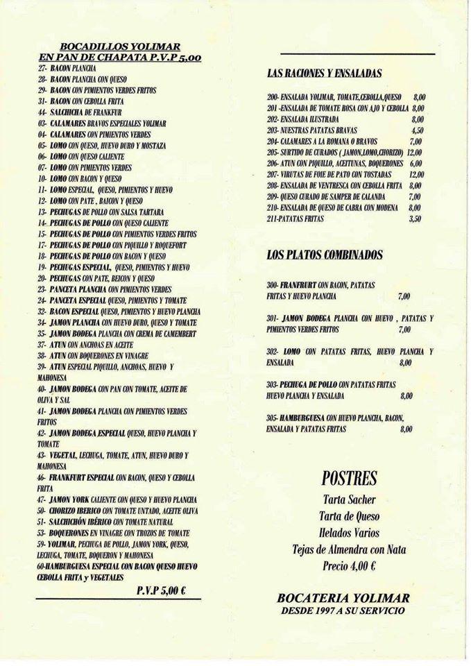 Menu at Bocatería Yolimar restaurant, Zaragoza