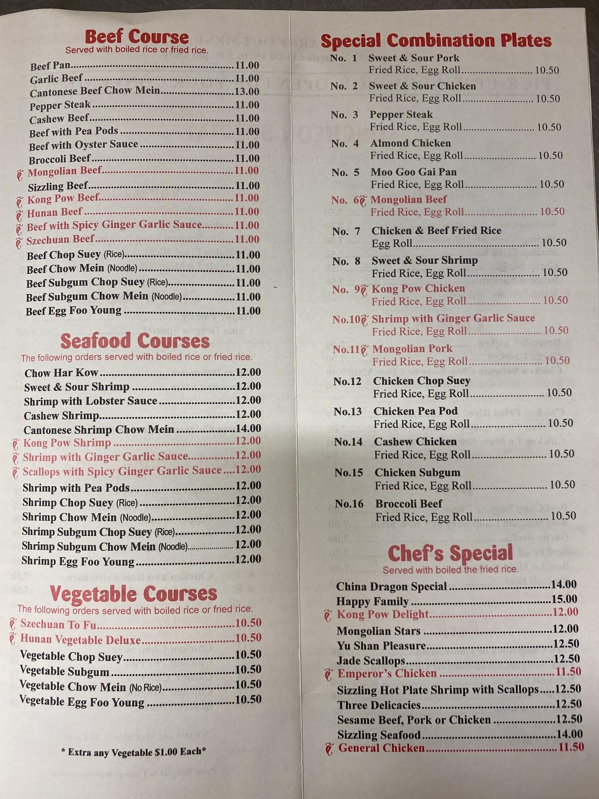 Menu at China Dragon restaurant, Napoleon