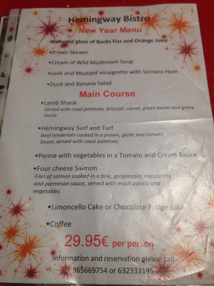 Menu at Hemingway Bistro restaurant, el Gran Alacant