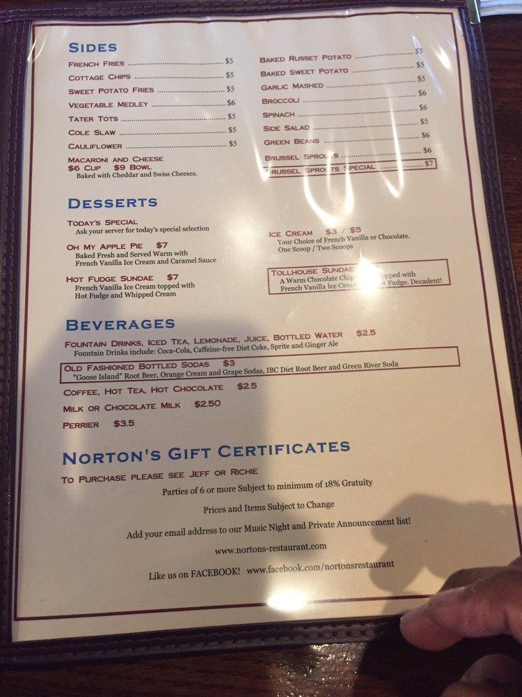 Menu at Norton's Restaurant, Highland Park