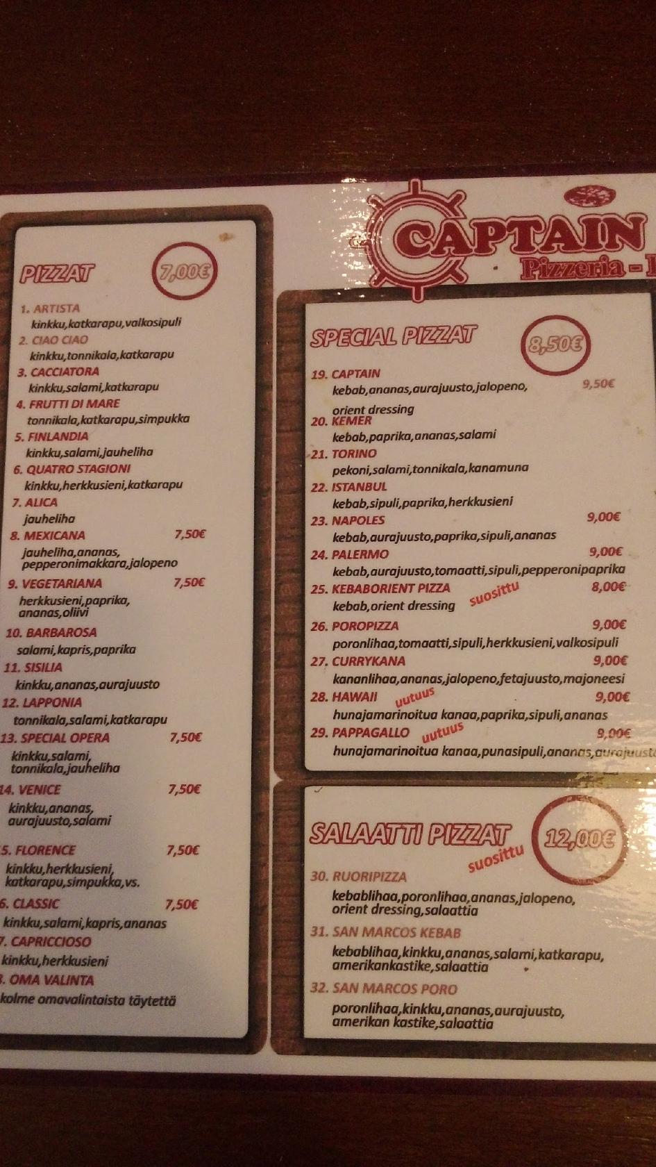 Menu at Pizzeria Captain, Kemi