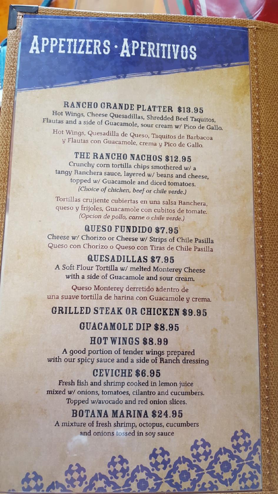 Menu at Rancho Grande restaurant, Bakersfield, Coffee Rd