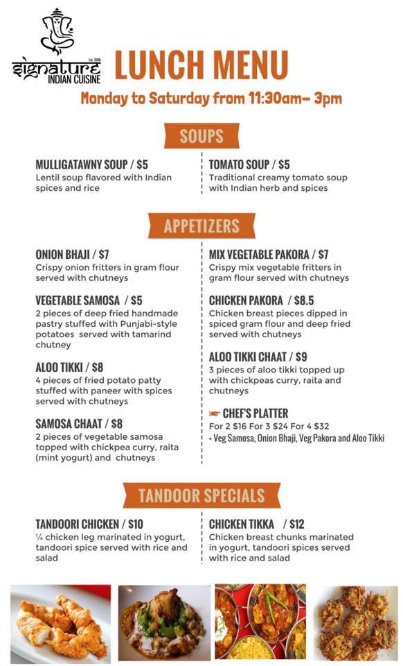 Menu at Signature Indian Cuisine restaurant, Whitby, Dundas St E #1A
