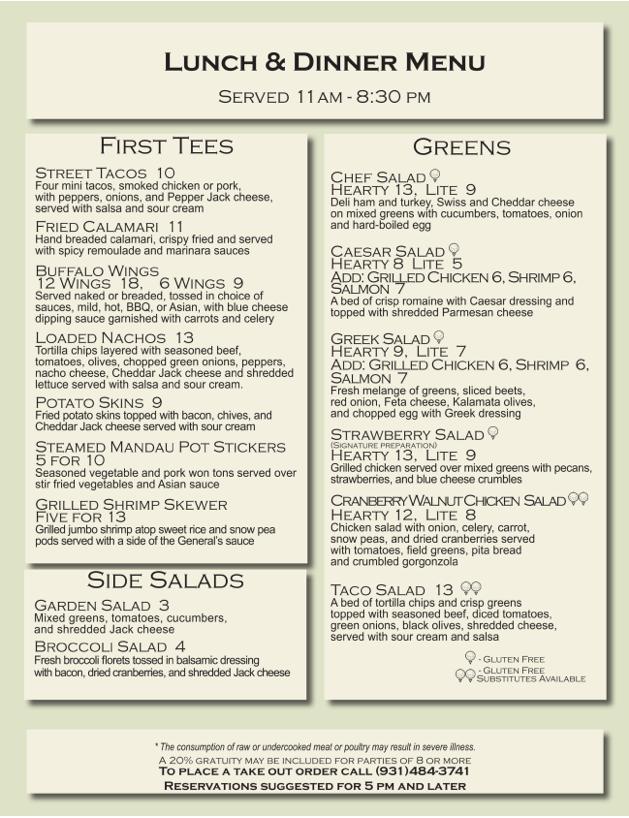 Menu at Stonehenge Grille restaurant, Fairfield Glade, 222 Fairfield Blvd