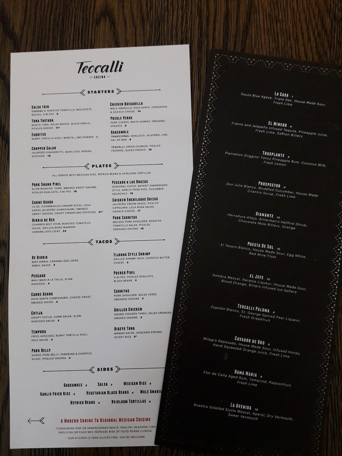 Menu at Teocalli Cocina restaurant, Lafayette