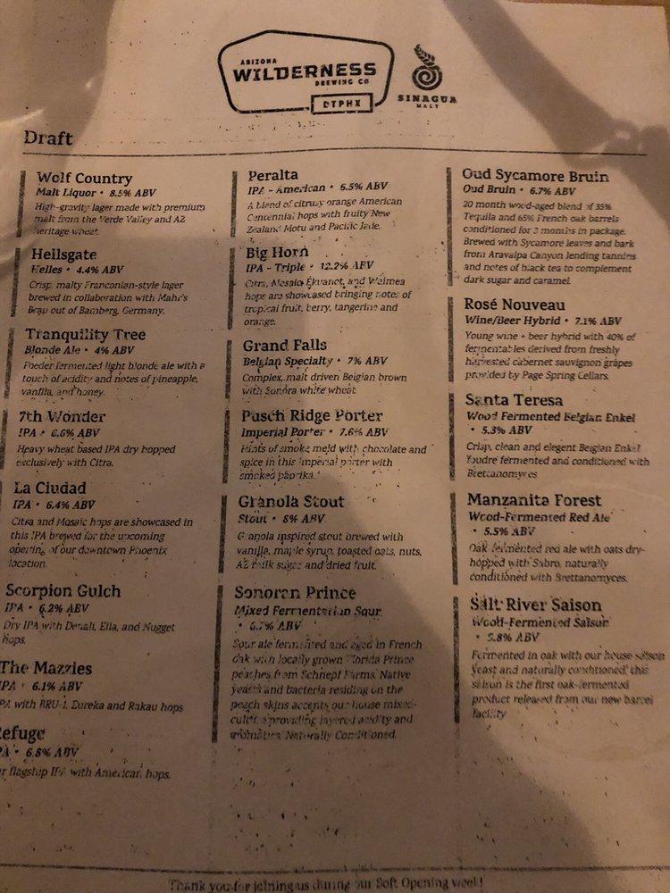 Menu at Arizona Wilderness DTPHX pub & bar, Phoenix
